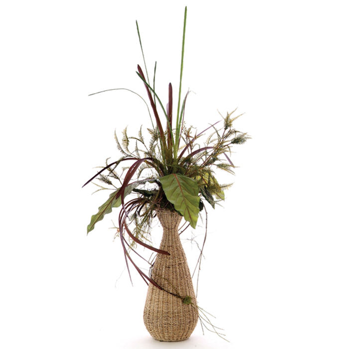 Silk Mondo Grass with Ferns, Antherium Leaves and Pods in a Woven Abaca ...
